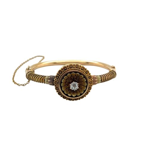 Antique 14k Yellow Gold Etruscan Revival Diamond Bangle Bracelet
