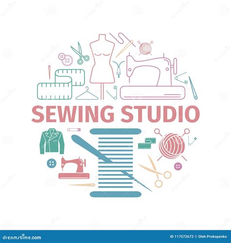 Sewing Round Banner Needlework Line And Flat Icons Vector Signs For