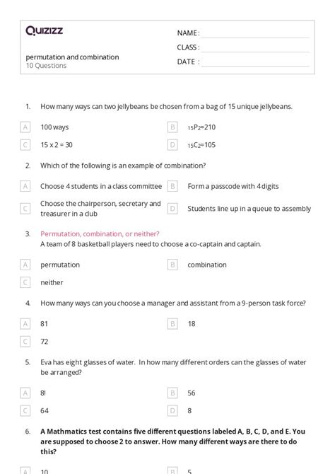 Permutation And Combination Worksheets For Th Class On Quizizz Free Printable