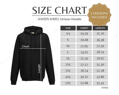 Awdis Jh001 Size Chart Unisex Hoodie Size Table Jh 001 Sizing Guide