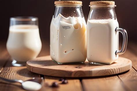 Premium Photo Two Jars Of Homemade Almond Milk Sit On A Wooden Table With A Glass Of Almond Milk