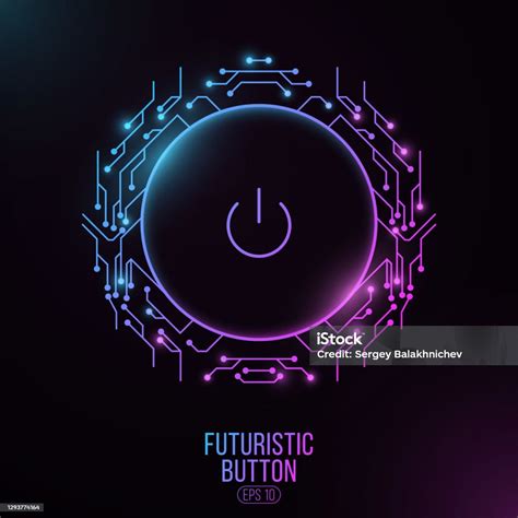 컴퓨터 회로 기판과 미래 전원 버튼 Hud 인터페이스 요소 Ui 개념입니다 사이버 퍼플 및 블루 네온 스위치 기술 현대 배경 벡터 일러스트레이션 0명에 대한 스톡 벡터 아트