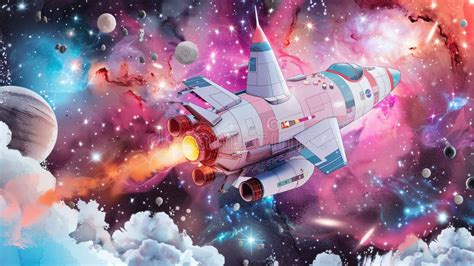 Colorful Spaceship Soaring Through A Vibrant Galaxy Filled With Stars Planets And Cosmic