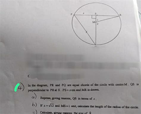 Solved In The Diagram PR And PQ Are Equal Chords Of The Circle With