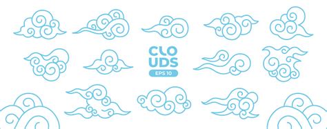 중국 구름은 흰색 배경에 고립되어 있습니다 라인 아트 일본 아시아 전통 스타일 요소 표지판 및 아이콘 컬렉션입니다 푸른 색 간단한 만화 디자인입니다 플랫 스타일 벡터