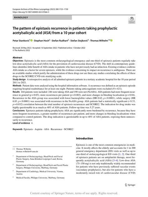 Pdf The Pattern Of Epistaxis Recurrence In Patients Taking Prophylactic Acetylsalicylic Acid