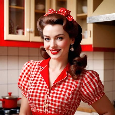 Sorridente Feliz Vintage Dos Anos 50 Dona De Casa Na Cozinha