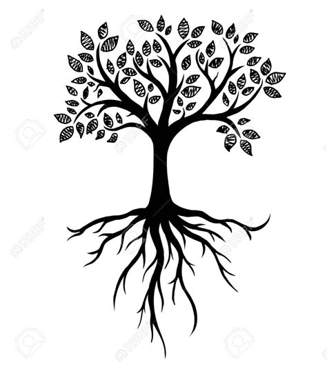 Tree Silhouette With Roots Real Hand Drawing Vector Illustration