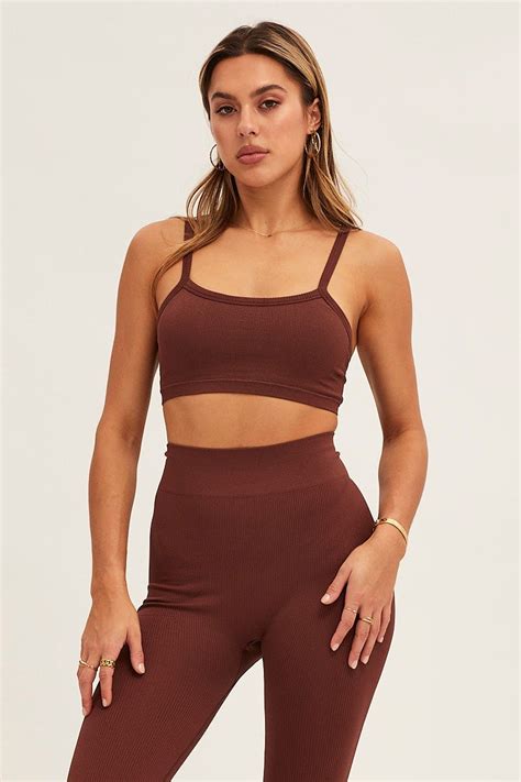 Womens Brown Bralette Crop Round Neck Seamless Ally Fashion