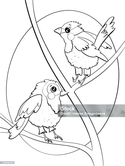 등고선 그림 만화 유치한 스타일 나뭇 가지에 귀여운 작은 새들 여름 인쇄 가능한 디자인 요소 색칠 안티 스트레스 책 꽃 식물에
