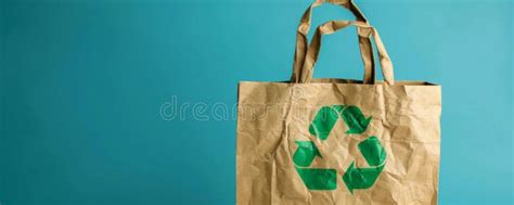 Recycled Paper Bag With Recycling Symbol On Blue Background Eco