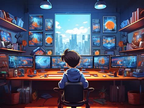 Premium Photo Game Development Room Boys With Multiple Monitors Coding Boo Illustration
