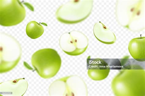 화려한 사과를 비행 광고 배경 떨어지는 녹색 사과 는 흐린 효과와 현실적인 3d 벡터 Publicity Event에 대한 스톡 벡터 아트 및 기타 이미지