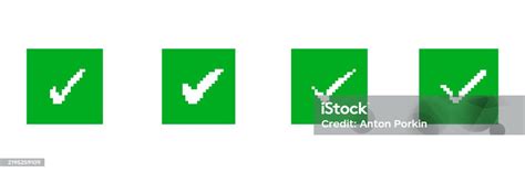픽셀화된 녹색 확인 표시 아이콘이 사각형 모양으로 설정되어 있습니다 승인 또는 성공 기호 컬렉션 유효성 검사 및 확인 기호