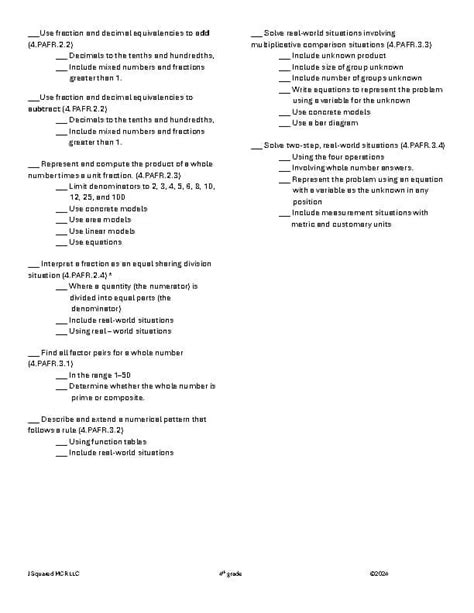 South Carolina 4th Grade Math Standards Checklist Tpt
