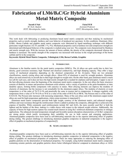 Fabrication Of Lm6 B4c Gr Aluminium Metal Matrix Composite Pdf Chemistry Science