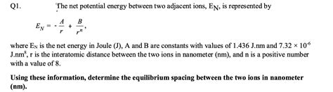 Answered Q1 The Net Potential Energy Between Bartleby