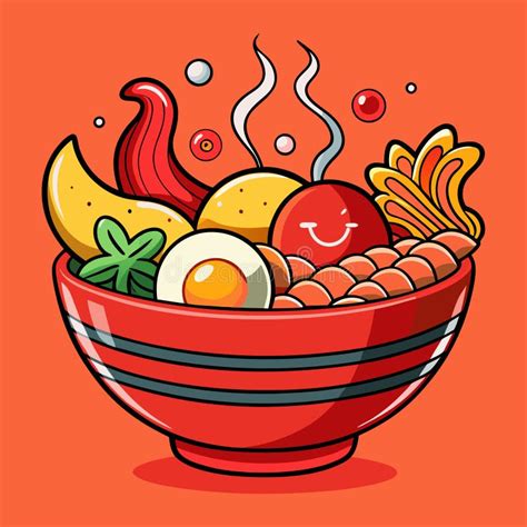 Hot Ready To Eat Noodle With Additions And Steam In Red Bowl Cartoon
