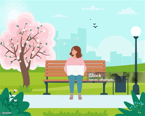 프리랜서 여성은 공원에서 노트북을 들고 벤치에 앉아 봄냄새를 부추기고 있습니다 플랫 스타일의 벡터 일러스트레이션 사람들에 대한 스톡 벡터 아트 및 기타 이미지 Istock