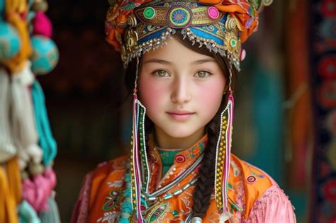 A Kazakh Girl Adorned In Vibrant Traditional Attire Premium Ai