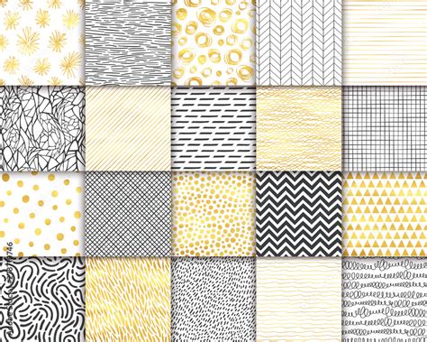 Abstract Hand Drawn Geometric Simple Minimalistic Seamless Patterns Set Black And White Golden