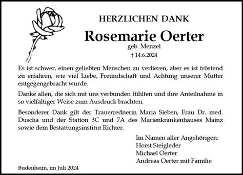Traueranzeigen Von Rosemarie Oerter Vrm Trauer De