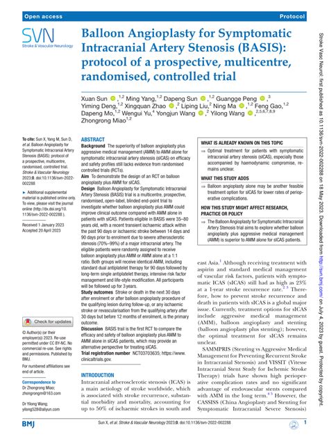 Pdf Balloon Angioplasty For Symptomatic Intracranial Artery Stenosis