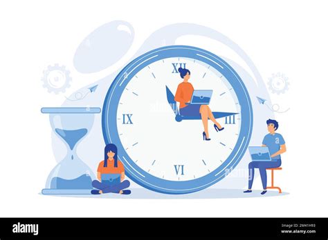 Busy business people with laptops hurry up to complete tasks at huge clock and hourglass ...