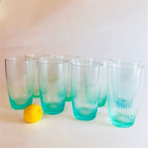 Tall 60s Blue Glasses Set Of 8 Eight Etched 1960s Glass Cyan Aqua