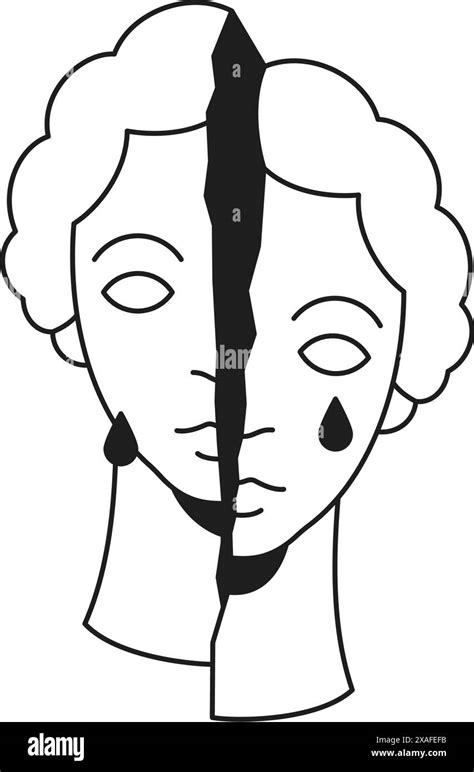 Y2k Cracked Crying Man Sculpture Head Monochrome Line Cartoon Character
