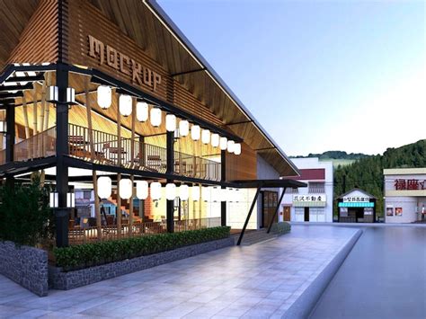 일본의 미학을 가진 상점 건물의 간판 보기 프리미엄 Psd 파일