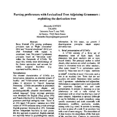 Parsing Preferences With Lexicalized Trey Adjoining Grammars Exploiting