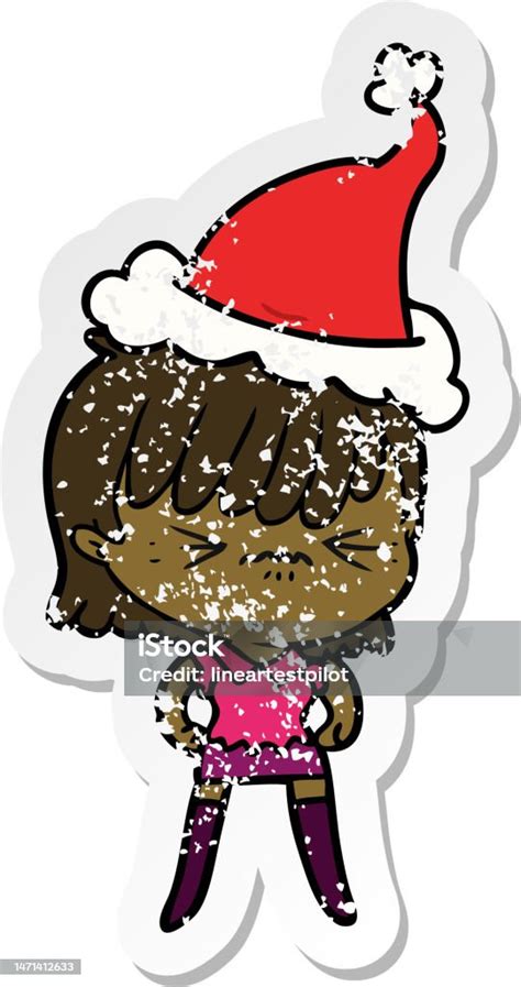 산타 모자를 쓴 소녀의 짜증나는 손으로 그린 고민 스티커 만화 낙서 드로잉에 대한 스톡 벡터 아트 및 기타 이미지 낙서 드로잉 데칼 등장인물 Istock