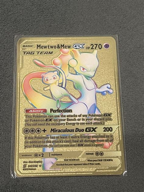 Rare Mewtwo Mew GX Tag Team Japanese Gold Metal Card W Toploader