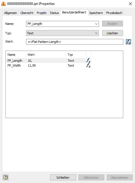 flat pattern length and width in parameters iproperties autodesk