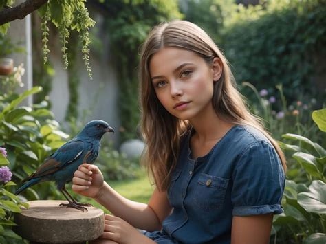 Premium Ai Image A Girl Is Sitting In The Garden With A Bird In Her Hand