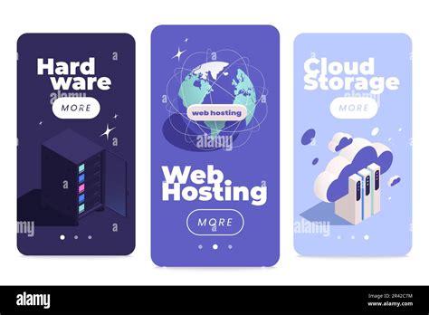 Set Of Three Vertical Web Hosting Mobile App Banners With Isometric