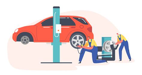 정비사 차고에서 자동차 타이어의 작업자 변경 및 측정 압력 남성 캐릭터 는 균일 한 마운트 타이어를 착용 교통사고 충돌 사고에 대한 스톡 벡터 아트 및 기타 이미지 Istock