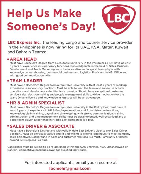 Job Openings By Lbc Express For Its Middle East Teams · Qatar Ofw
