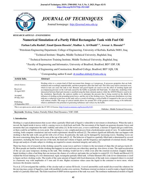 Pdf Numerical Simulation Of A Partly Filled Rectangular Tank With Fuel Oil