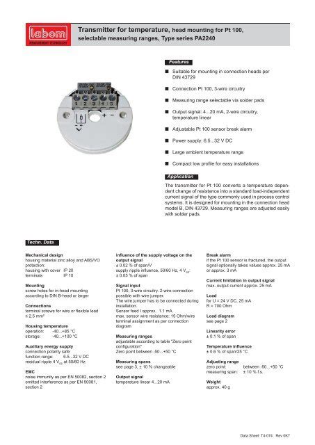 Transmitter For Temperature Head Mounting For Pt 100 Labom