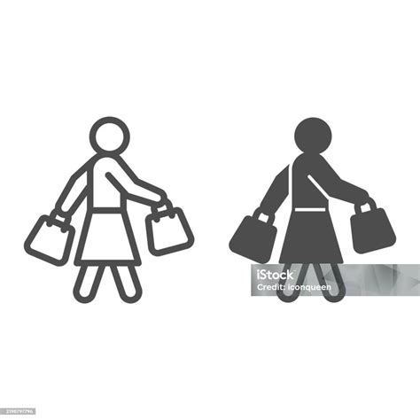 여자는 쇼핑 라인과 솔리드 아이콘 소비자 가방 개념에 대 한 산책 벡터 그래픽 쇼핑 패킷을 가진 여자는 흰색 배경에 서명하고 모바일 또는 웹 디자인을위한 윤곽선 스타일