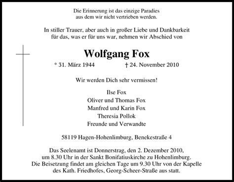 Traueranzeigen Von Wolfgang Fox Trauer In Nrwde