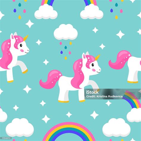 벡터 유니콘 유치 한 원활한 패턴입니다 만화 가와이이 조랑말 무지개 구름과 별 유아반용 그림 다채로운 비 0명에 대한 스톡 벡터 아트 및 기타 이미지 Istock