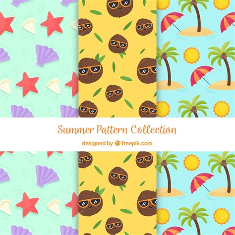 해변 요소와 여름 패턴 컬렉션 무료 벡터