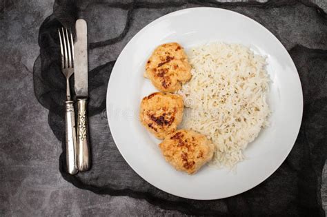 Fried Chicken Meatballs With Boiled Rice On Plate Stock Image Image