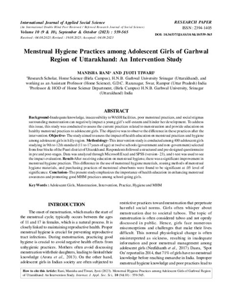 Pdf Menstrual Hygiene Practices Among Adolescent Girls Of Garhwal
