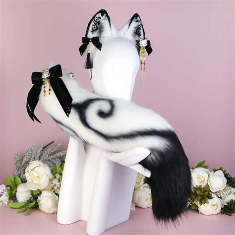 Inari Kitsune Set Black Faux Fur Catzo Club Headdress Cat Ears And
