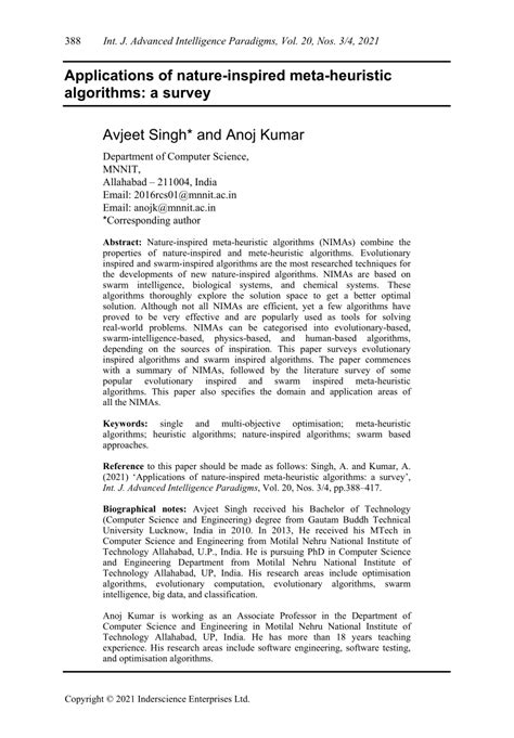 PDF Applications Of Nature Inspired Meta Heuristic Algorithms A Survey