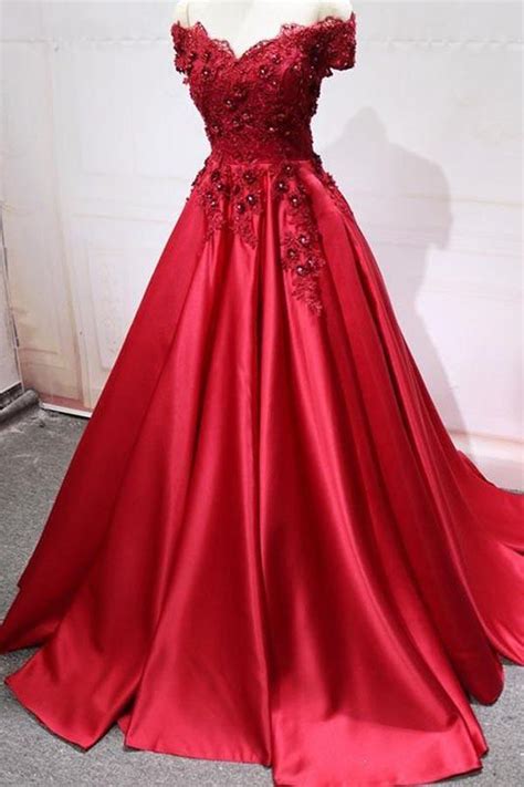 Red Off Shoulder Lace Long A Line Evening Prom Dresses Pg576 Pgmdress